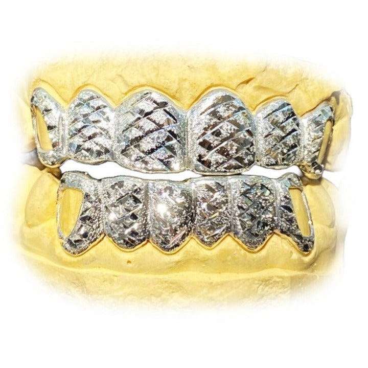 Diamond Dusted Diamond Cut Grillz with Open Face Fangs Set 6 on 6 ...