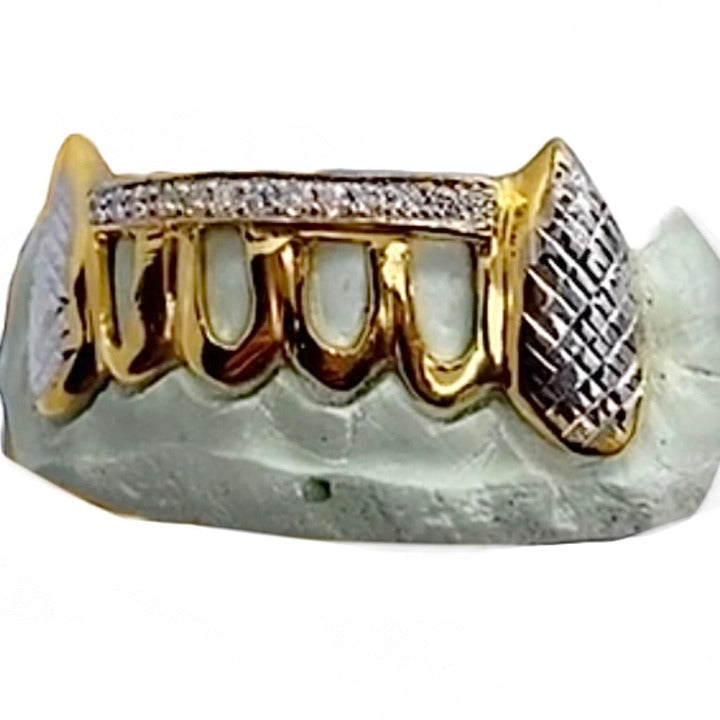 Open Face Grillz with Iced Out Bar and Diamond Cut Extended Fangs Top ...